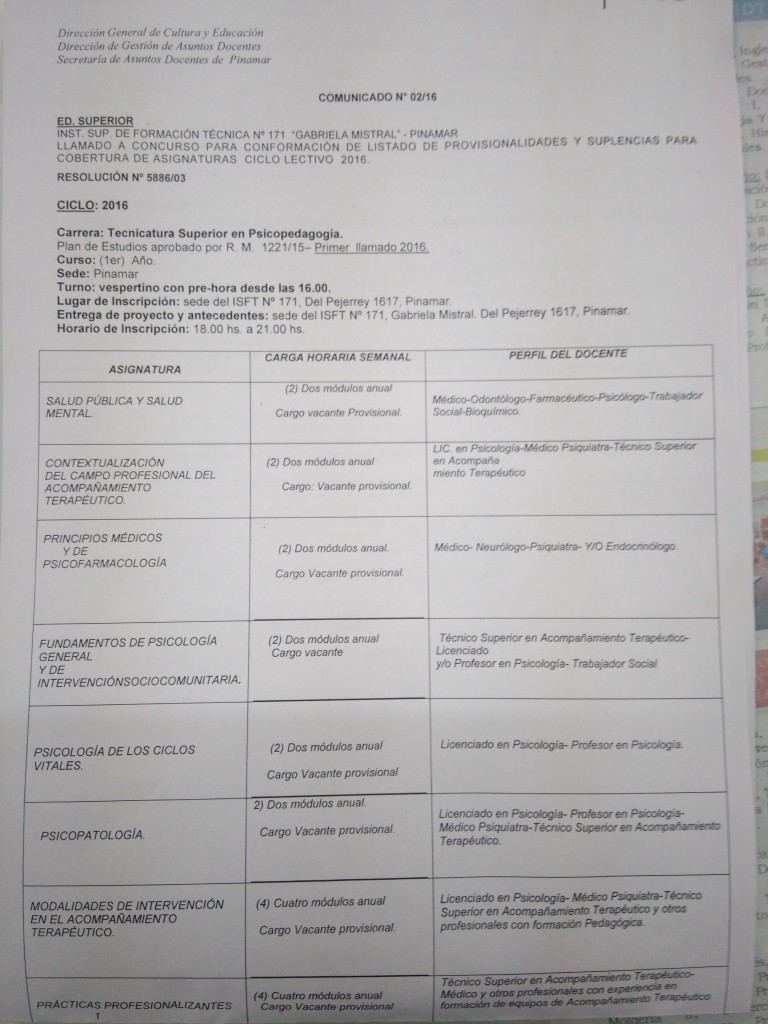 COMUNICADO SAD PINAMAR Nº 02/2016 – ISFT N° 171 "Gabriela Mistral"