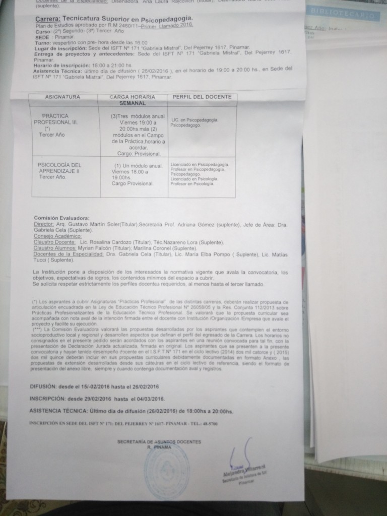 COMUNICADO SAD PINAMAR Nº 02/2016 – ISFT N° 171 "Gabriela Mistral"